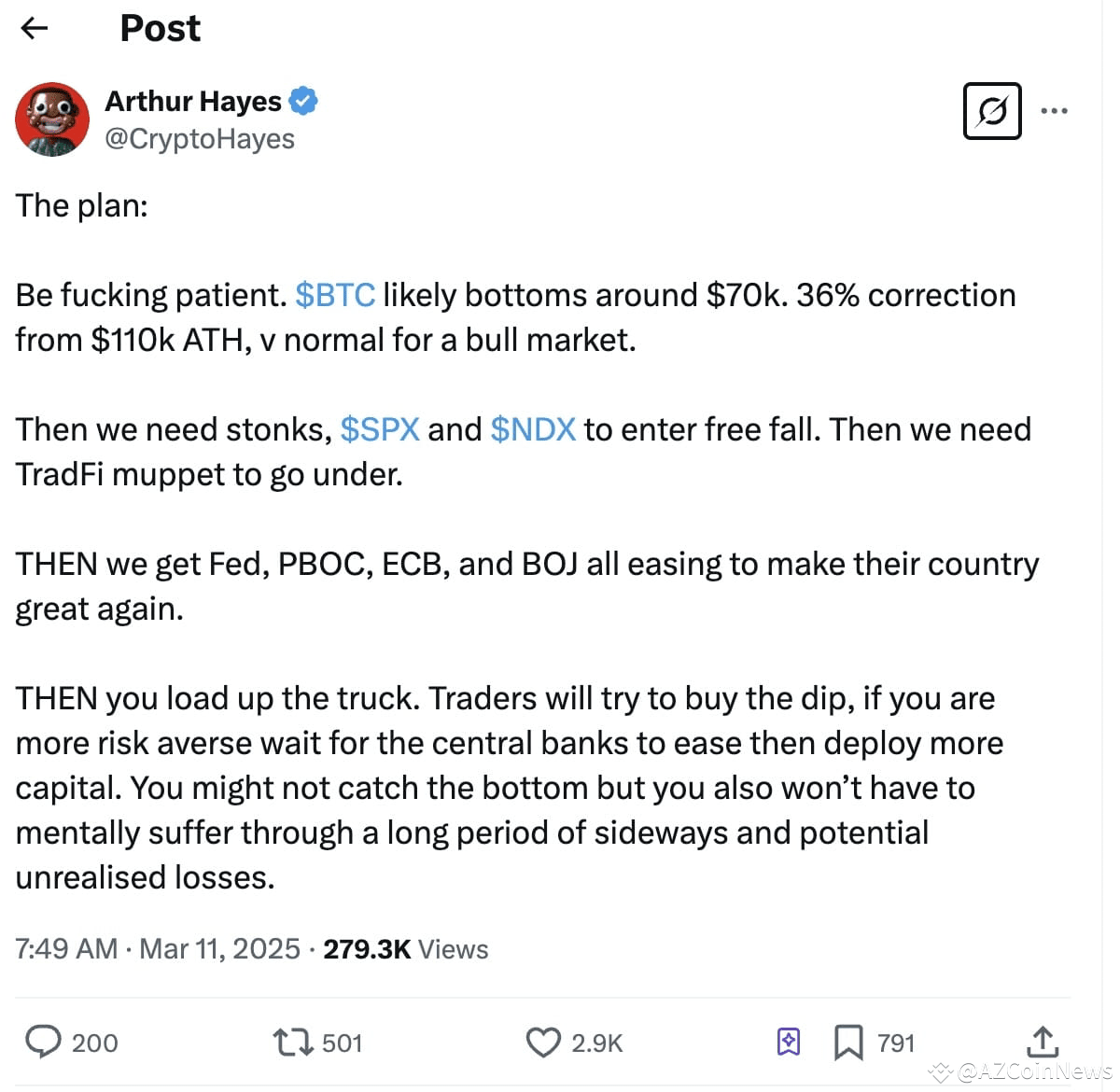 Arthur Hayes, former BitMEX CEO, predicts $BTC could bottom | AZCoinNews on Binance Square