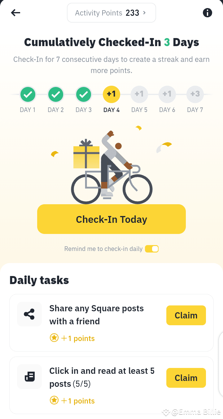 🔔 Binance Square Daily Check-In & Tasks: Earn Rewards Today | Emma Billie on Binance Square
