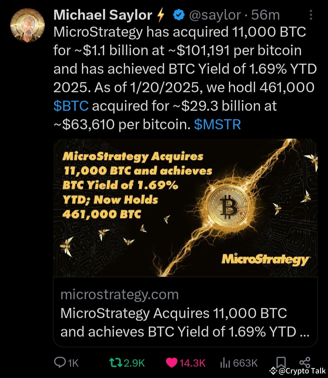 BREAKING: MICROSTRATEGY BUYS ANOTHER 11,000 #BITCOIN FOR $1. | Crypto Talk on Binance Square
