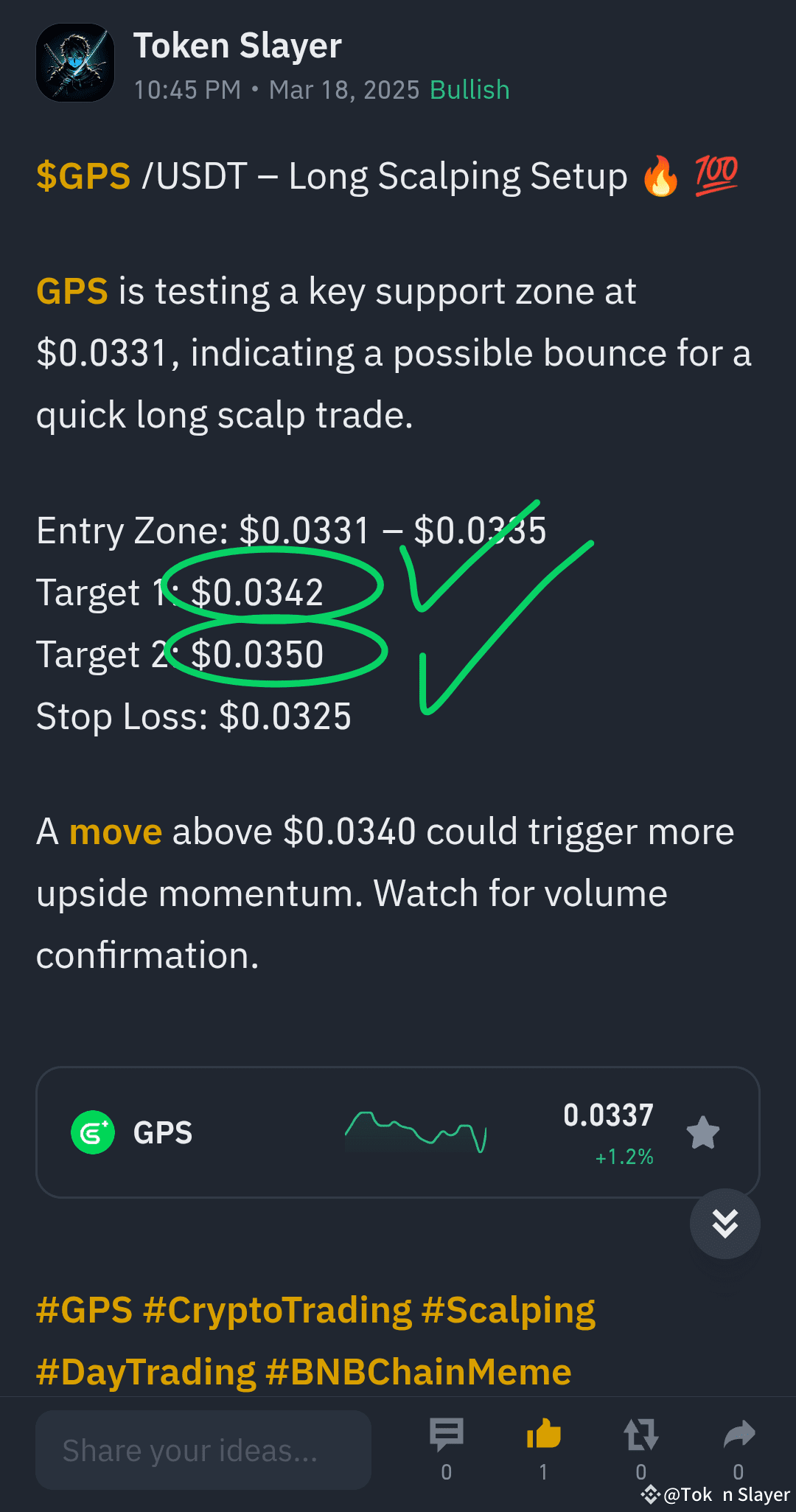 💵$GPS Long - Signal provided yesterday have hitted all the | Token Slayer on Binance Square
