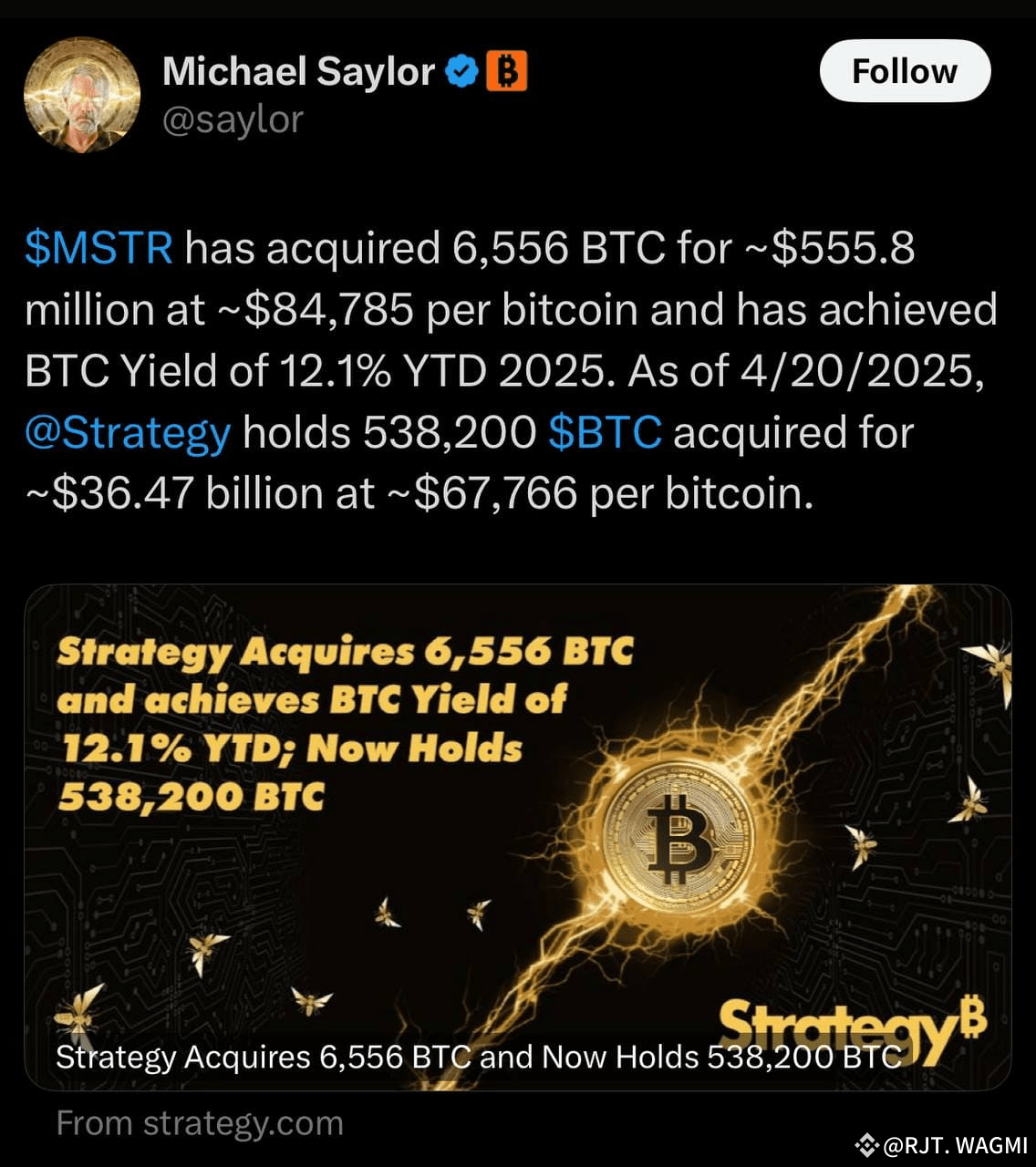 JUST IN: MicroStrategy has purchased 6,556 BTC between April | RJT_WAGMI on Binance Square