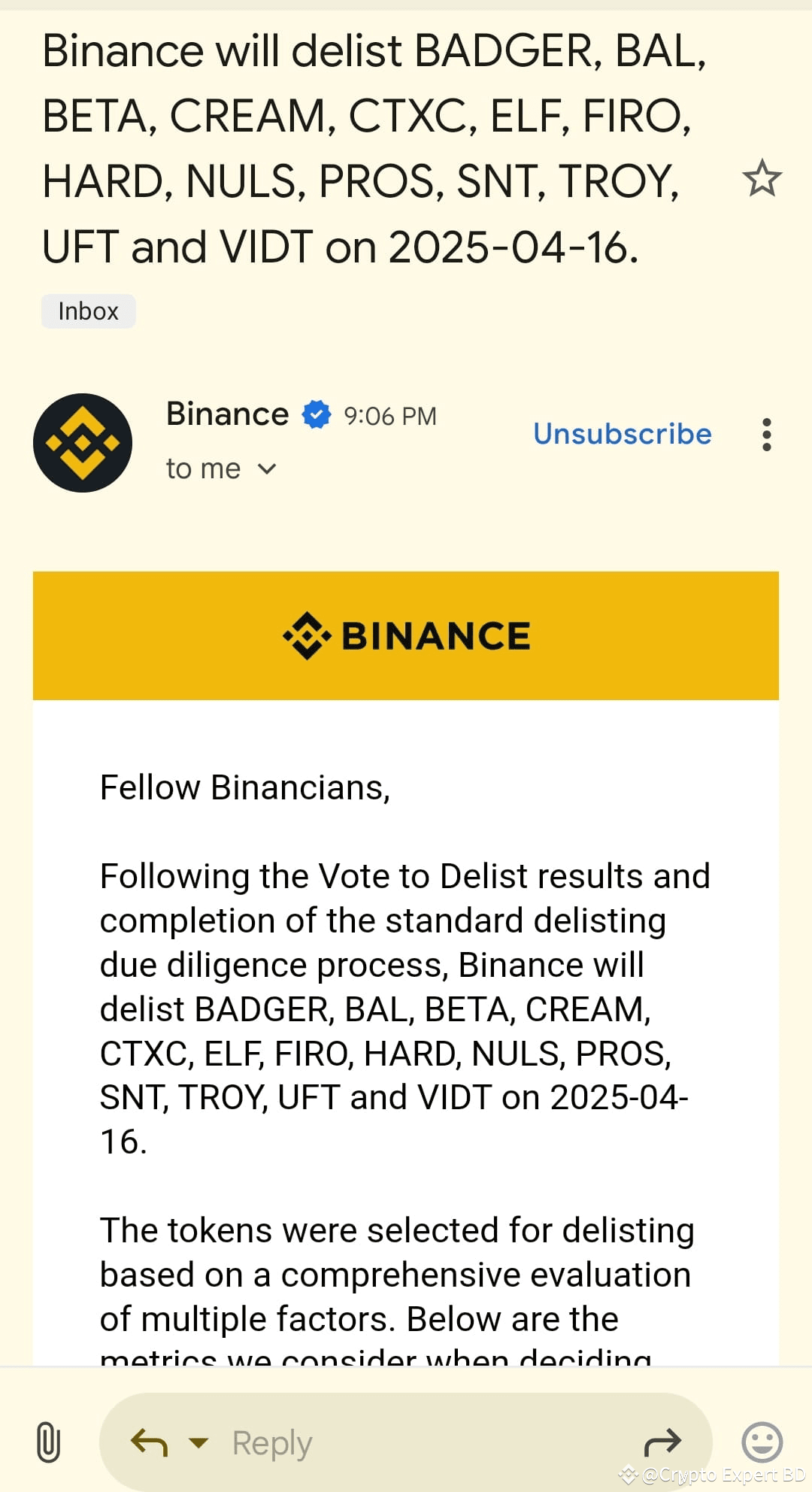 Coin Delisting warning Email from binance.. Everyone do not | Crypto ...