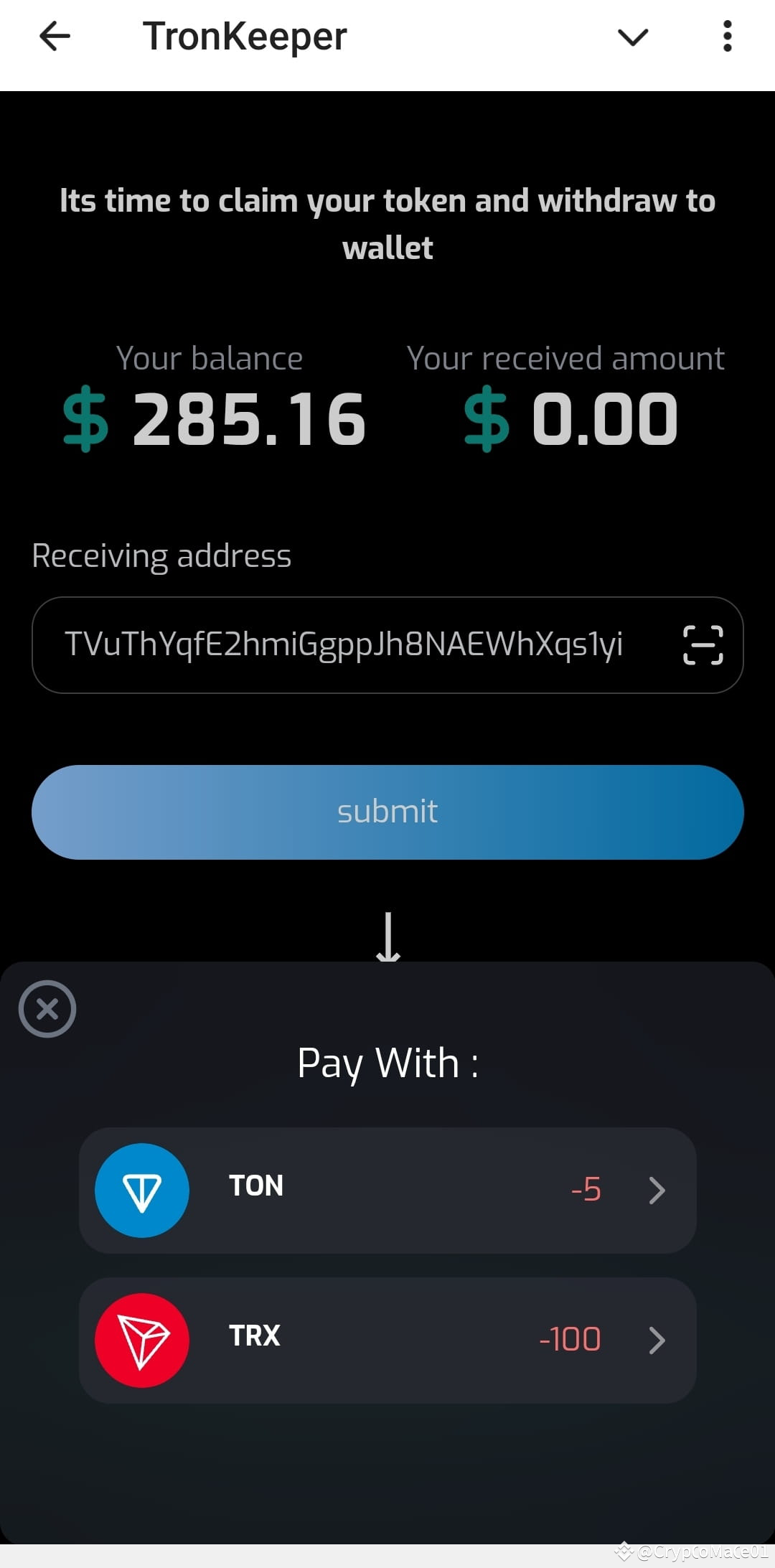 Tronkeeper is asking for money to claim the token. Seems | CryptoMate01 ...