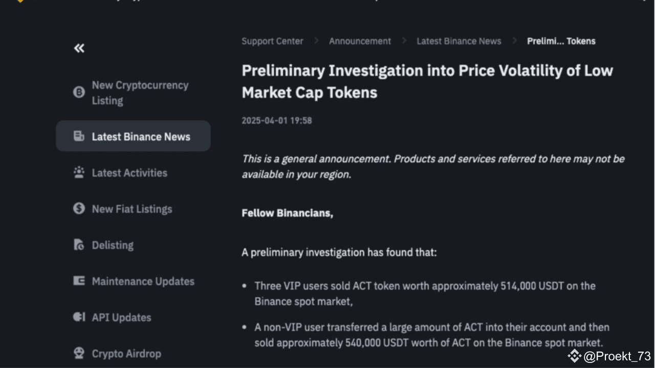Binance dedicated a separate report to today's dump of the ACT token ...