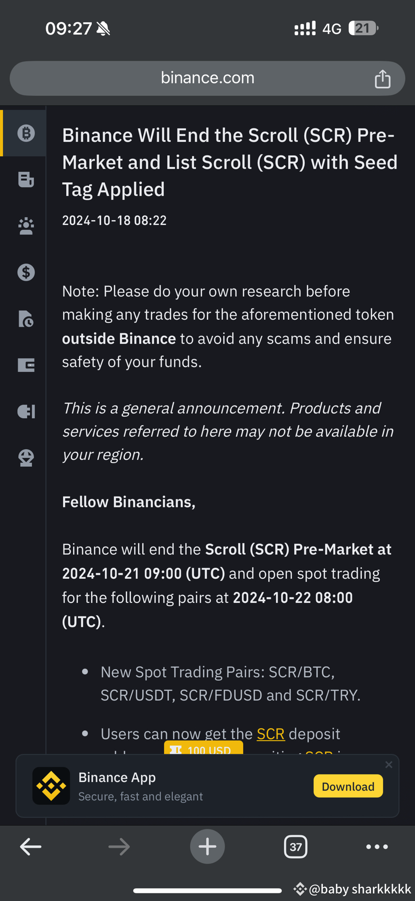 $SCR Binance Will End the Scroll (SCR) Pre-Market and List | baby ...
