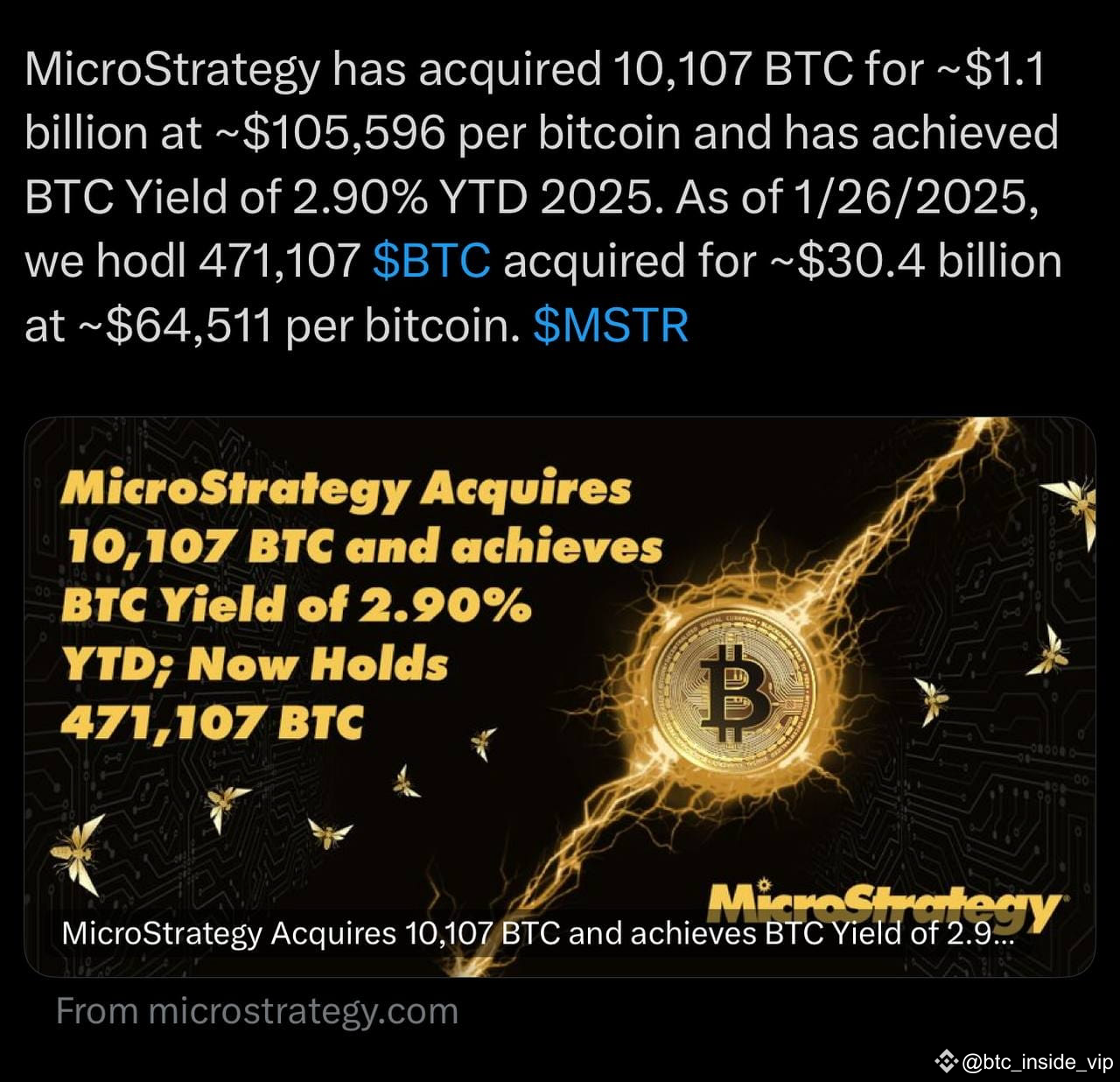 MicroStrategy acquired 10107 $BTC for $1.1 billion and achi | btc_inside_vip on Binance Square