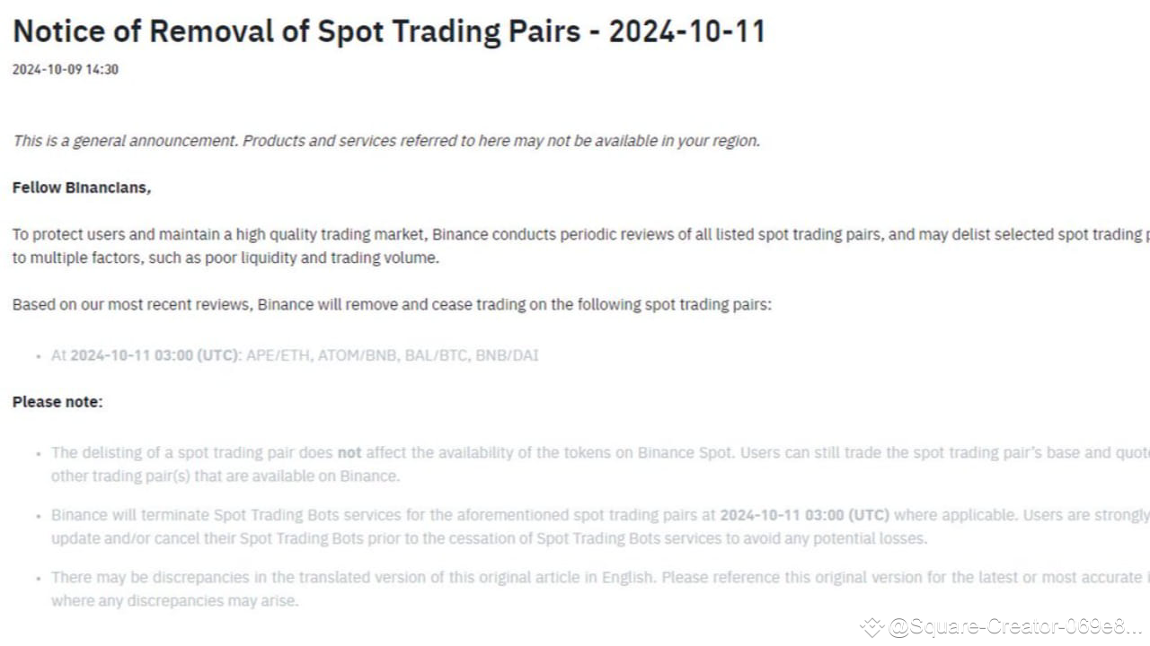 #Binance will delist and cease trading on the following spot trading ...
