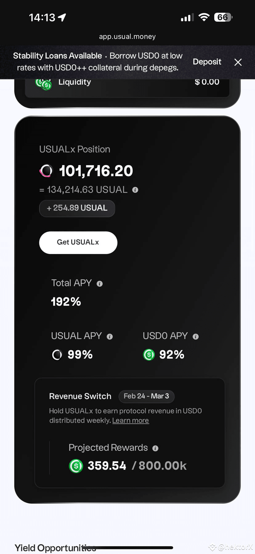 I get 250 usual Daily and 360 USD0 weekly for staking usual. | hektorX ...