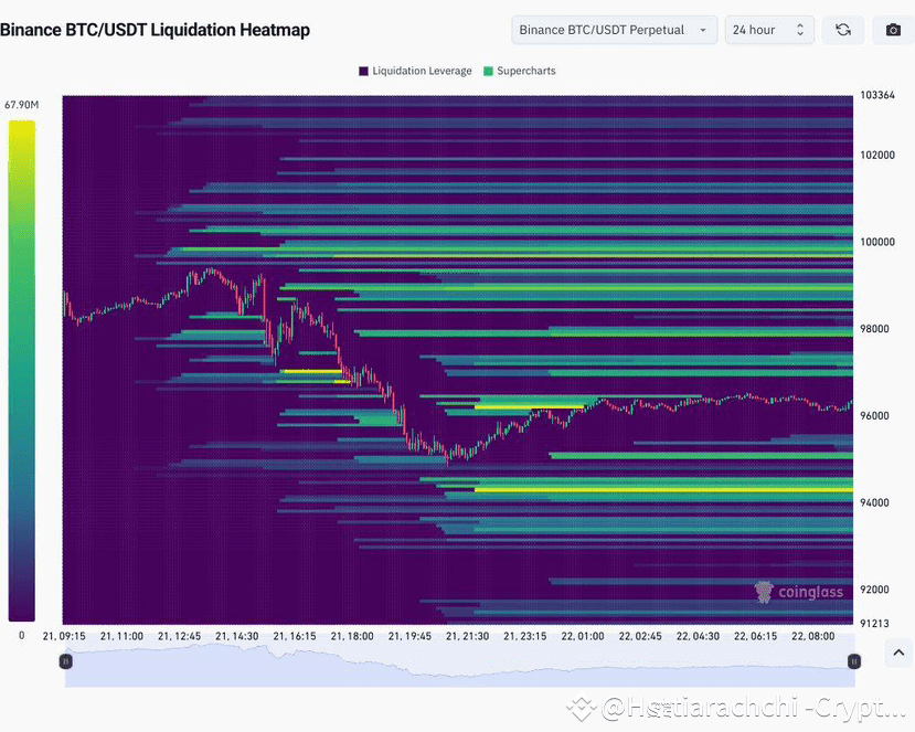 BTC LIQUIDATION HEATMAP The color range goes from purple to ...