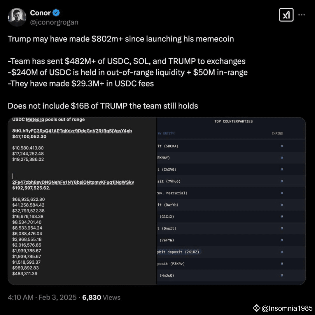 Trump has made over $802 million on his #TRUMP memcoin, acc ...