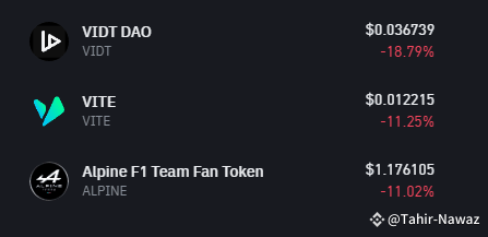 🚨 Top 3 Crypto Losers: VIDT DAO Drops 18.79%! 📉 VIDT DAO | Tahir-Nawaz on Binance Square