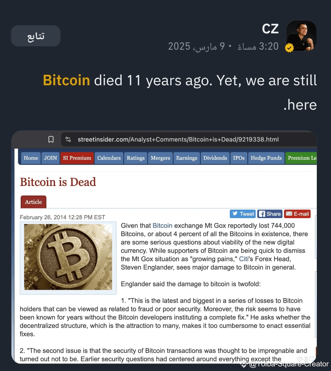 Bitcoin died 11 years ago. However, we are still here. #CZ | mohamed ...