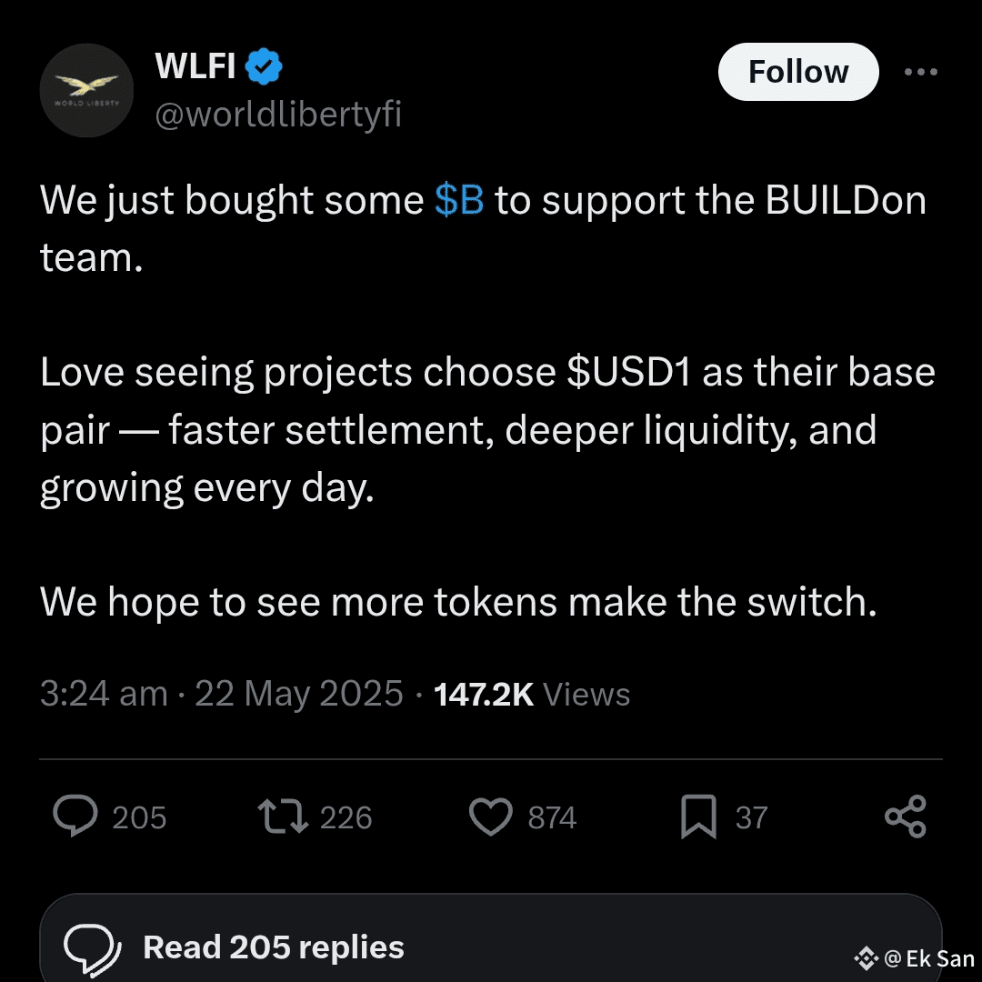 🚨#WLFI BACKS BUILDon PROJECT WITH $B TOKEN #PURCHASE 🔹Wo | Ek San on Binance Square