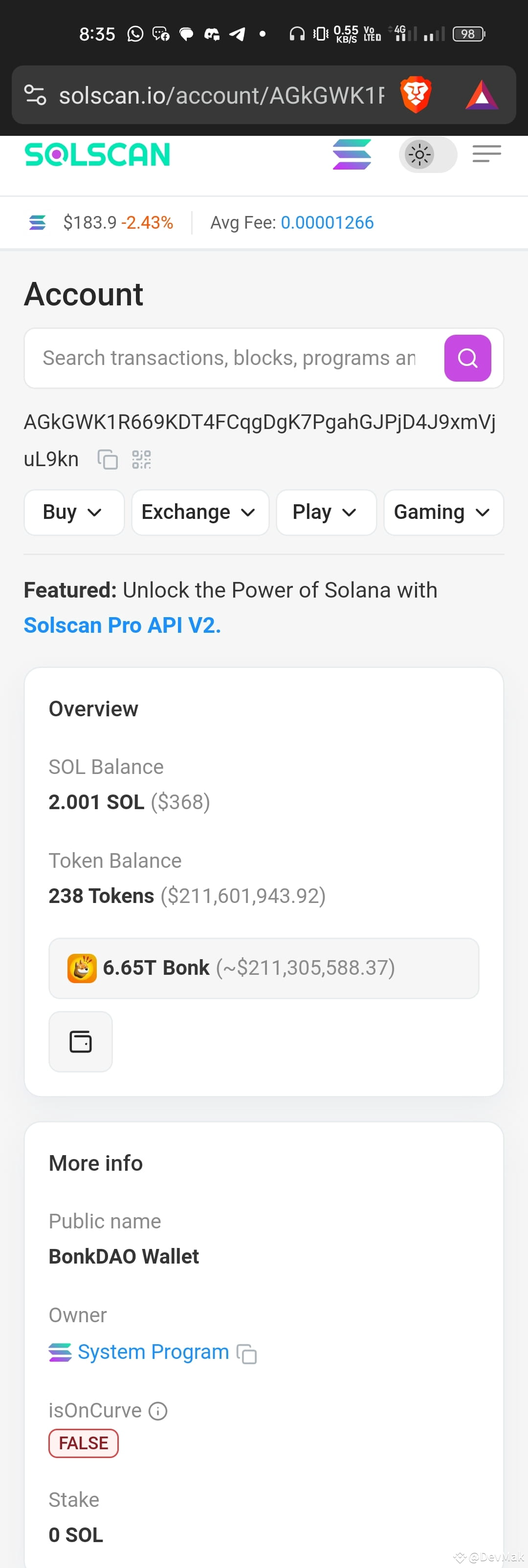 $BONK Account Summary: SOL Balance: 2.001 SOL ($368) Toke | DevMak on ...
