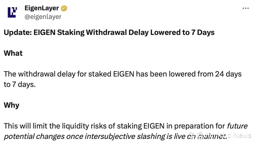 EigenLayer announced that the EIGEN withdrawal period from staking has been reduced from 24 to 7 ...