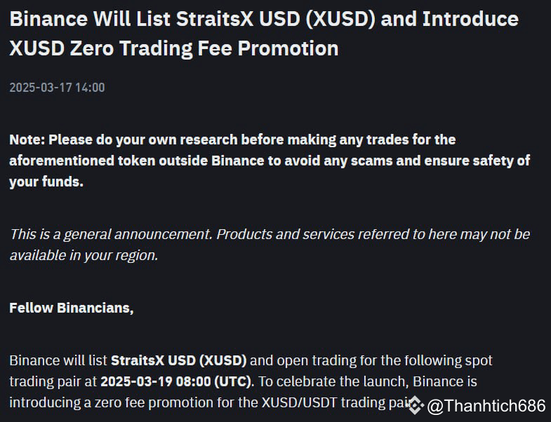 Binance lists new stablecoin StraitsX USD ($XUSD) 📌 Tradin | Thanhtich686 on Binance Square