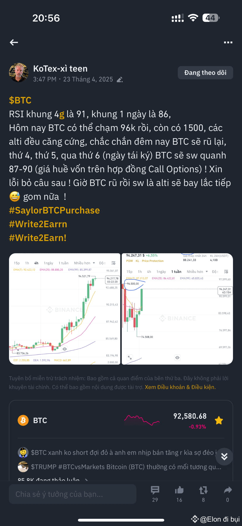 So yesterday bro posted about the BTC drop due to the renewa | Elon đi bụi on Binance Square