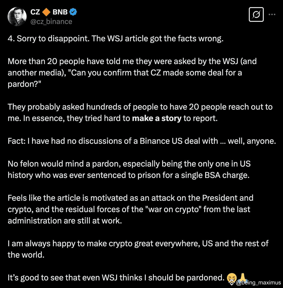 🚨 UPDATE: CZ denies rumors of a Trump-Binance deal, stating | being_maximus on Binance Square