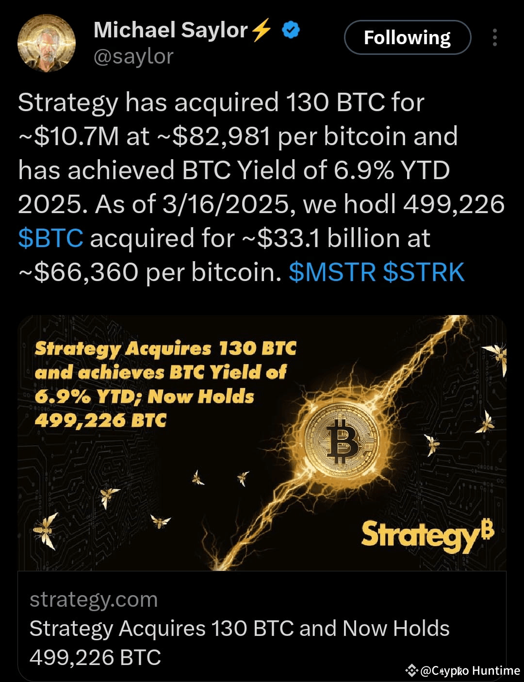 🚨 BREAKING: Strategy Acquires 130 BTC, Now Holds 499,226 BT | Crypto Huntime on Binance Square
