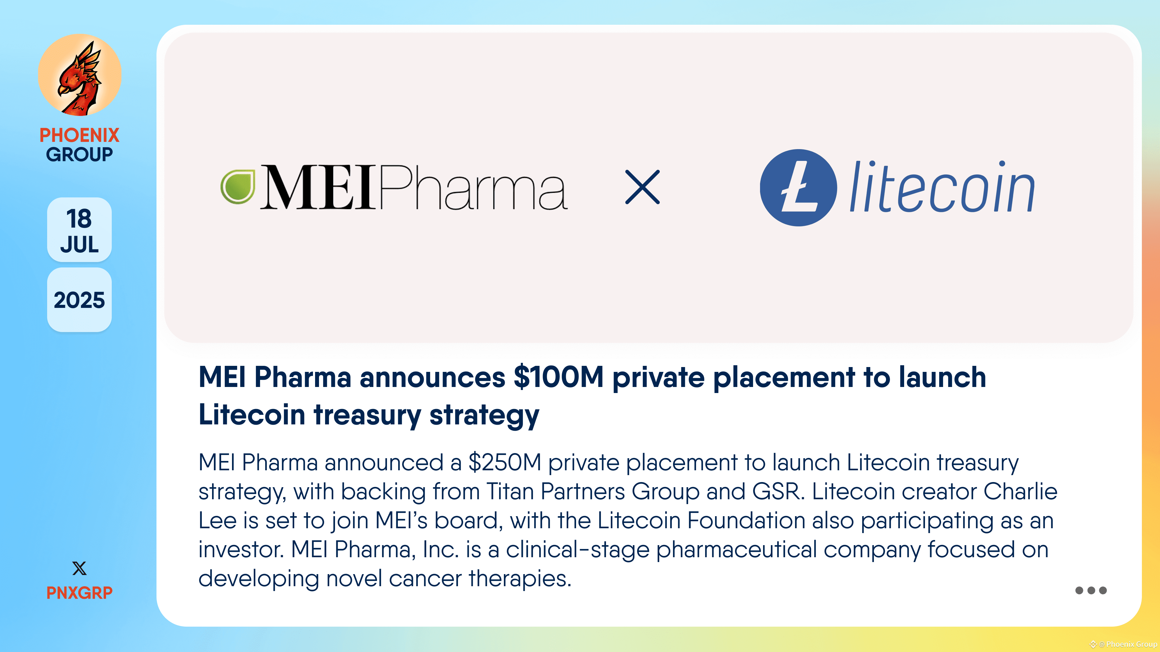 MEI Pharma announces $100M private placement to launch Lit | Phoenix Group on Binance Square