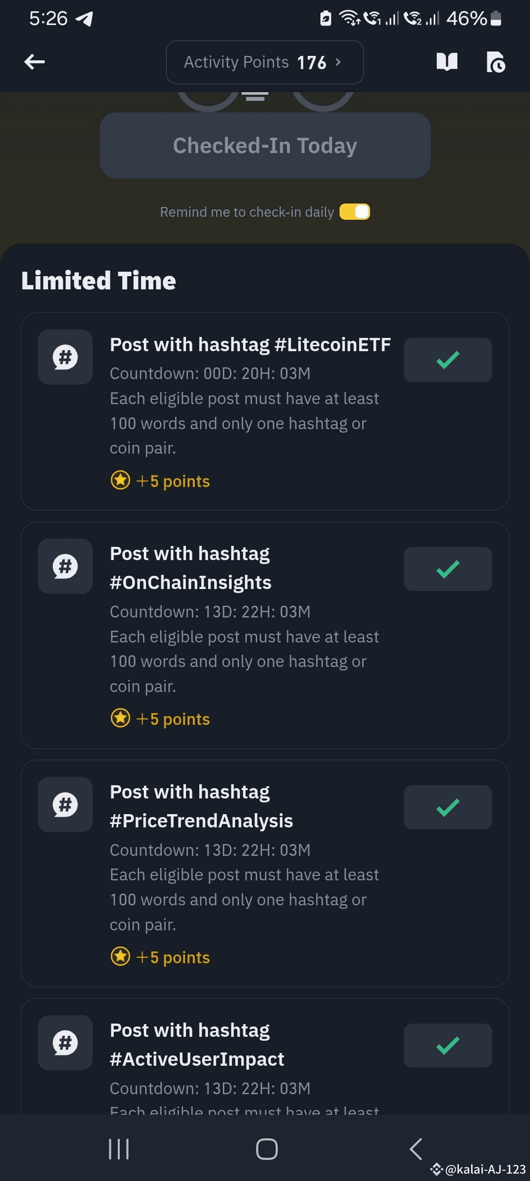 Daily check in complete task and earn points 45 points e | kalai-AJ-123 on Binance Square