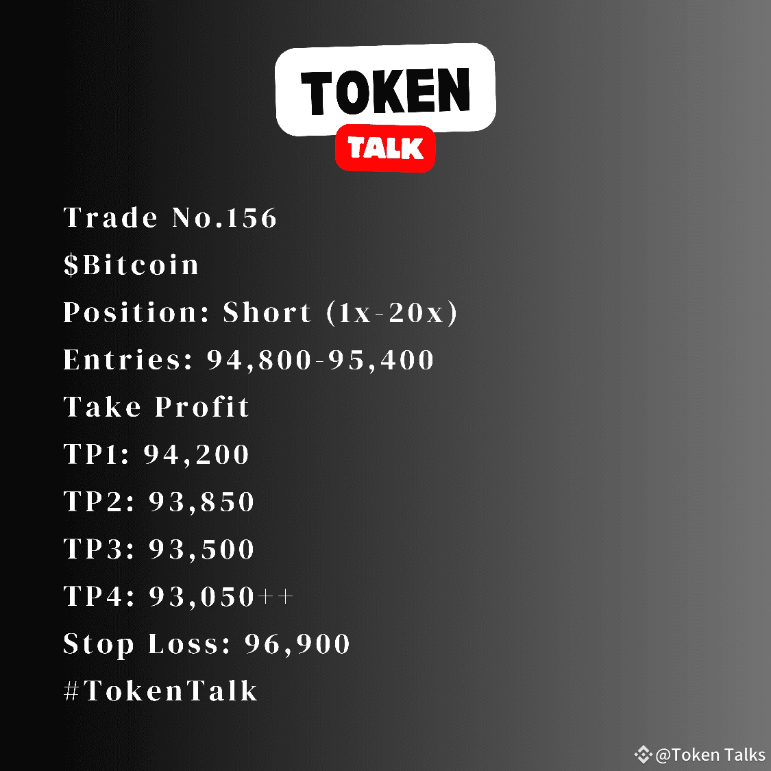 Trade No.156 $BTC Position: Short (1x-20x) Entries: 94,80 | Token Talks on Binance Square