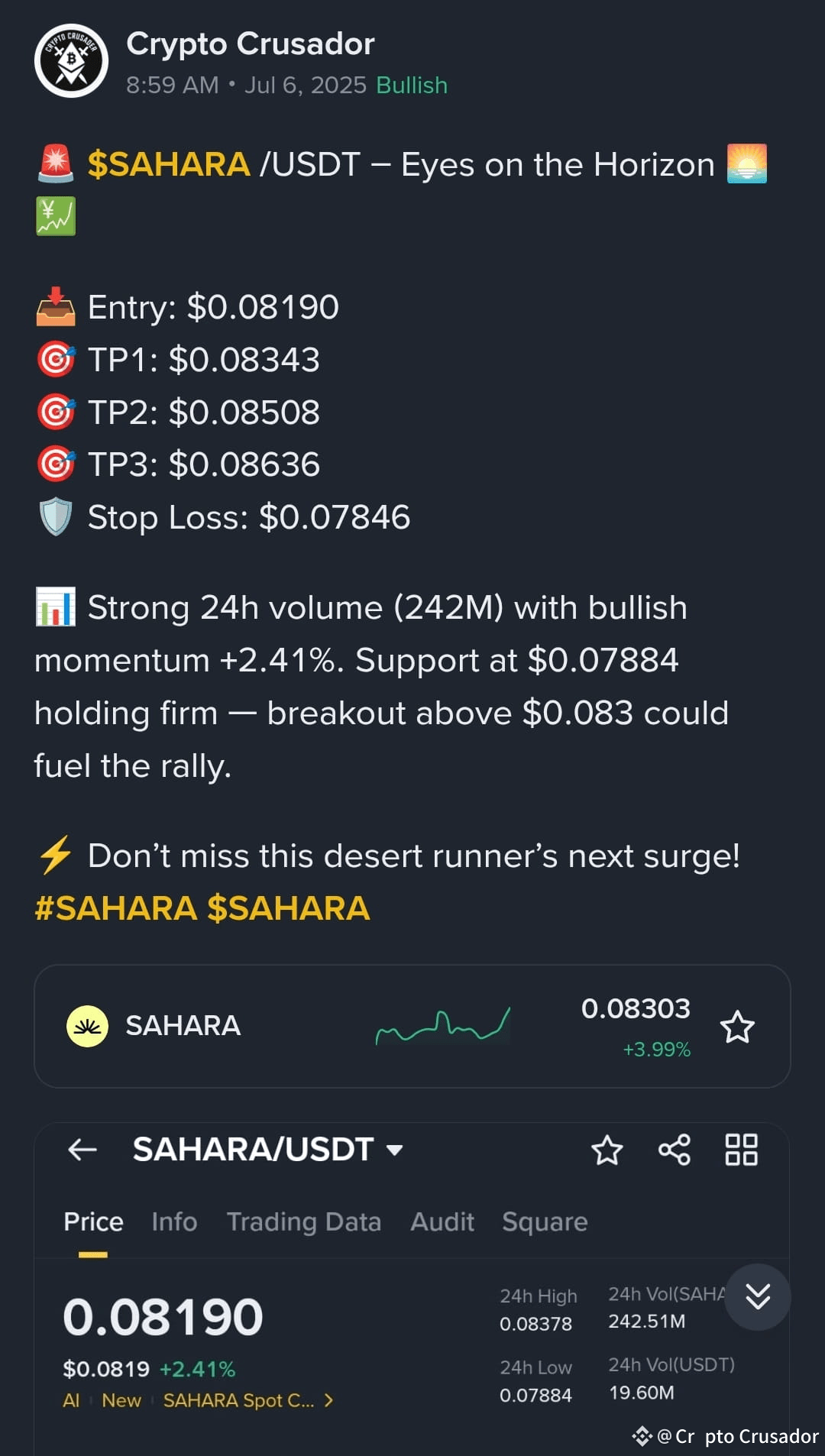 🚨😎Just in 40 minutes $SAHARA is near to touch TP1 easily , | Crypto ...