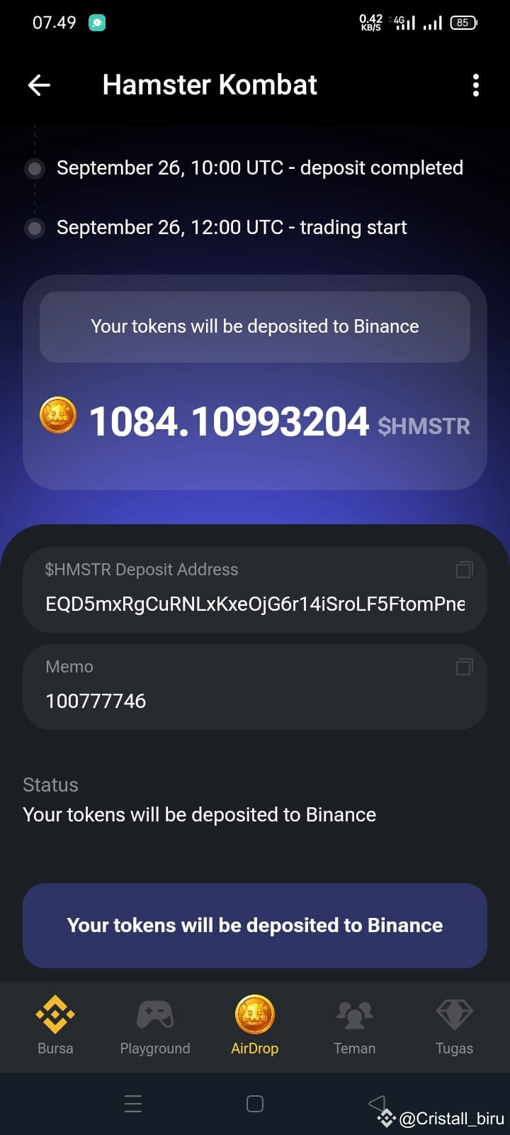 $HMSTR token has been received. Just waiting for the token p | Cristall_biru on Binance Square