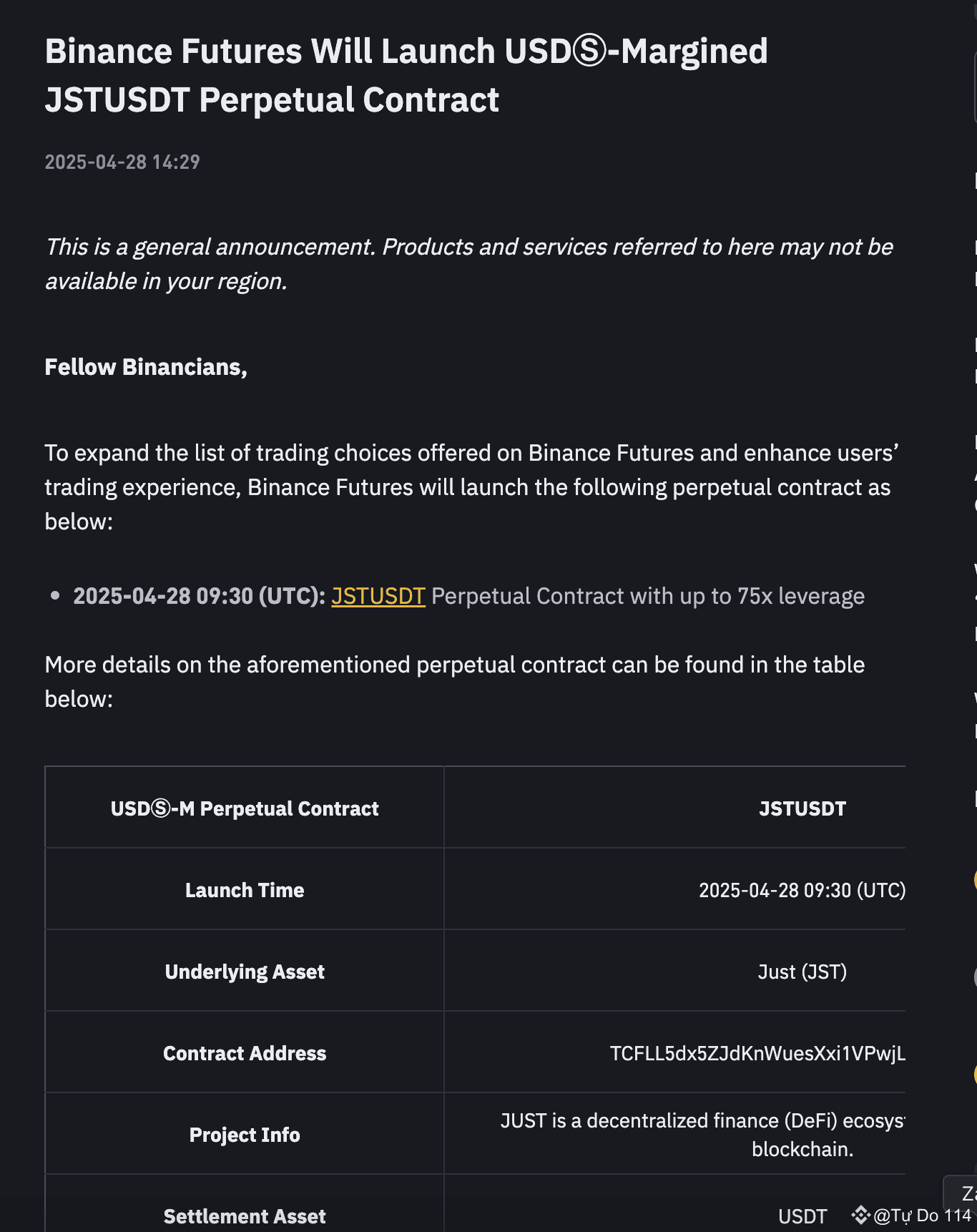Binance is About to Open JST/USDT Perpetual Contract with Up to 75x Leverage | Tự Do 114 on ...