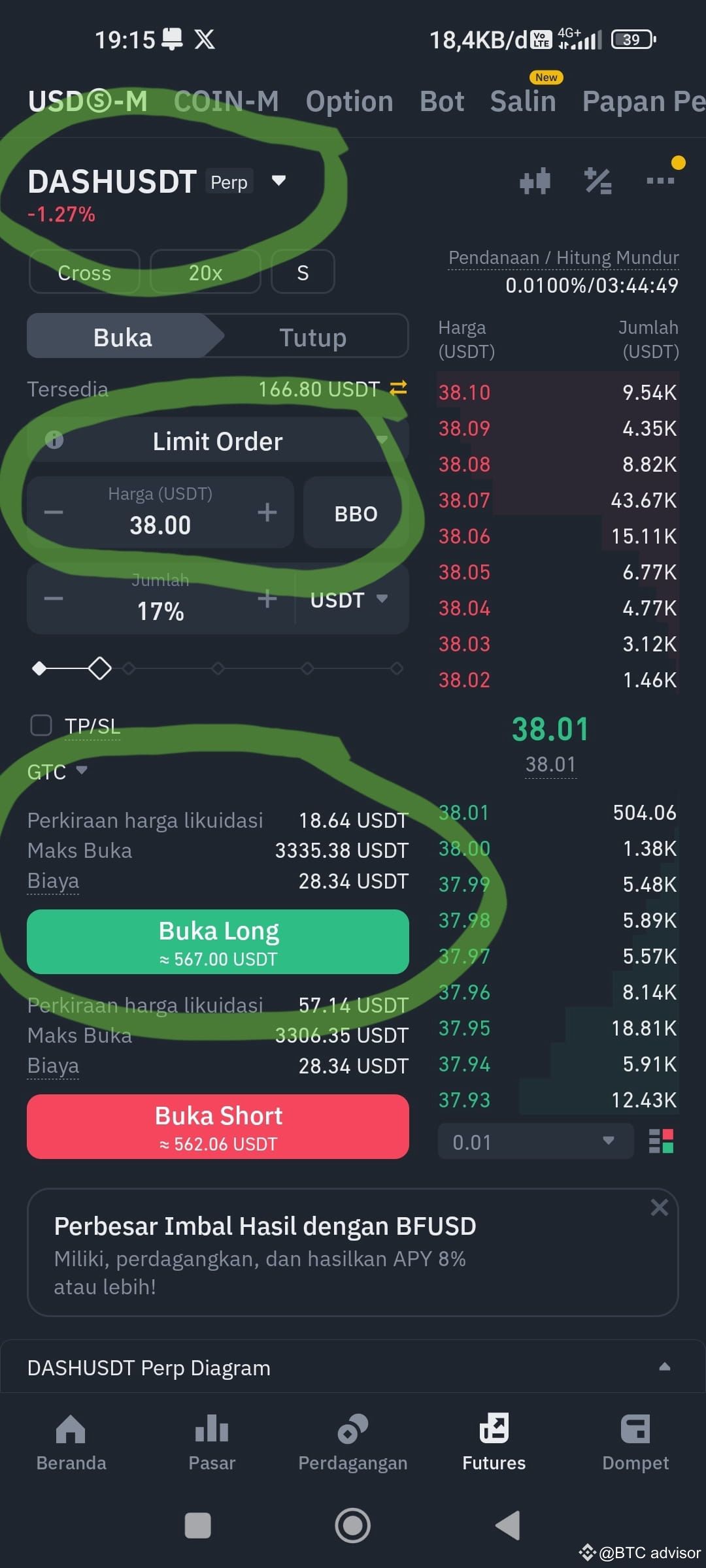 sampai 20 menit kedepan open LONG $DASH long open 38 TP Per | BTC ...