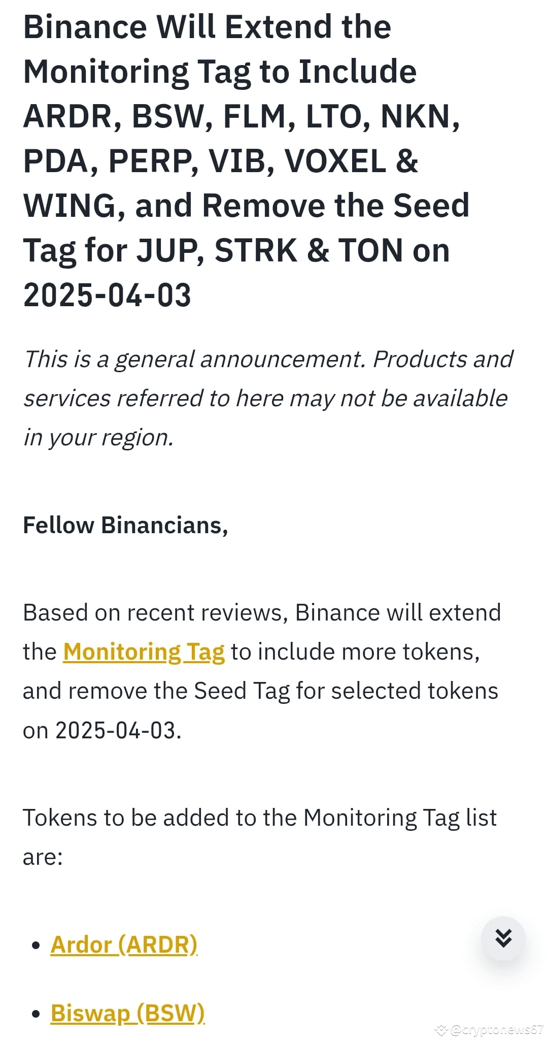 "Binance Expands Monitoring Tag to New Tokens and Removes ...