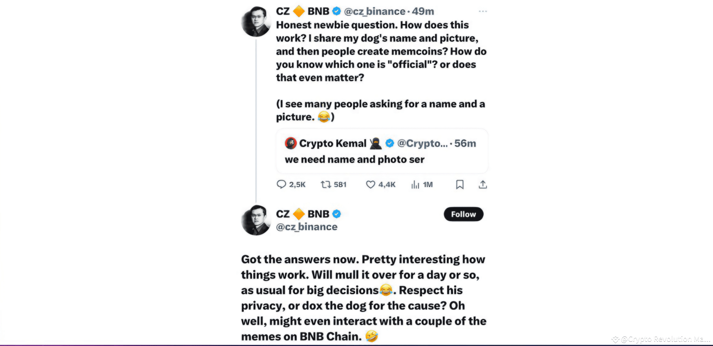 🔔 CZ May Launch His Dog Memecoin Soon. CZ recently asked h | Crypto ...