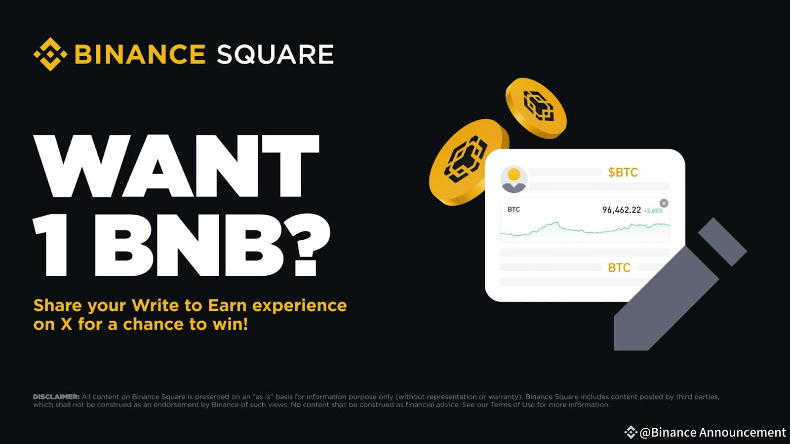 Share Your Write to Earn Experience on X and Win 1 BNB! | Binance Announcement on Binance Square