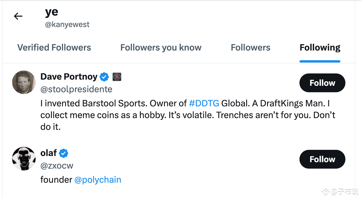 Kanye West unfollowed CZ and followed Polychain founder Olaf | 子布说 on Binance Square