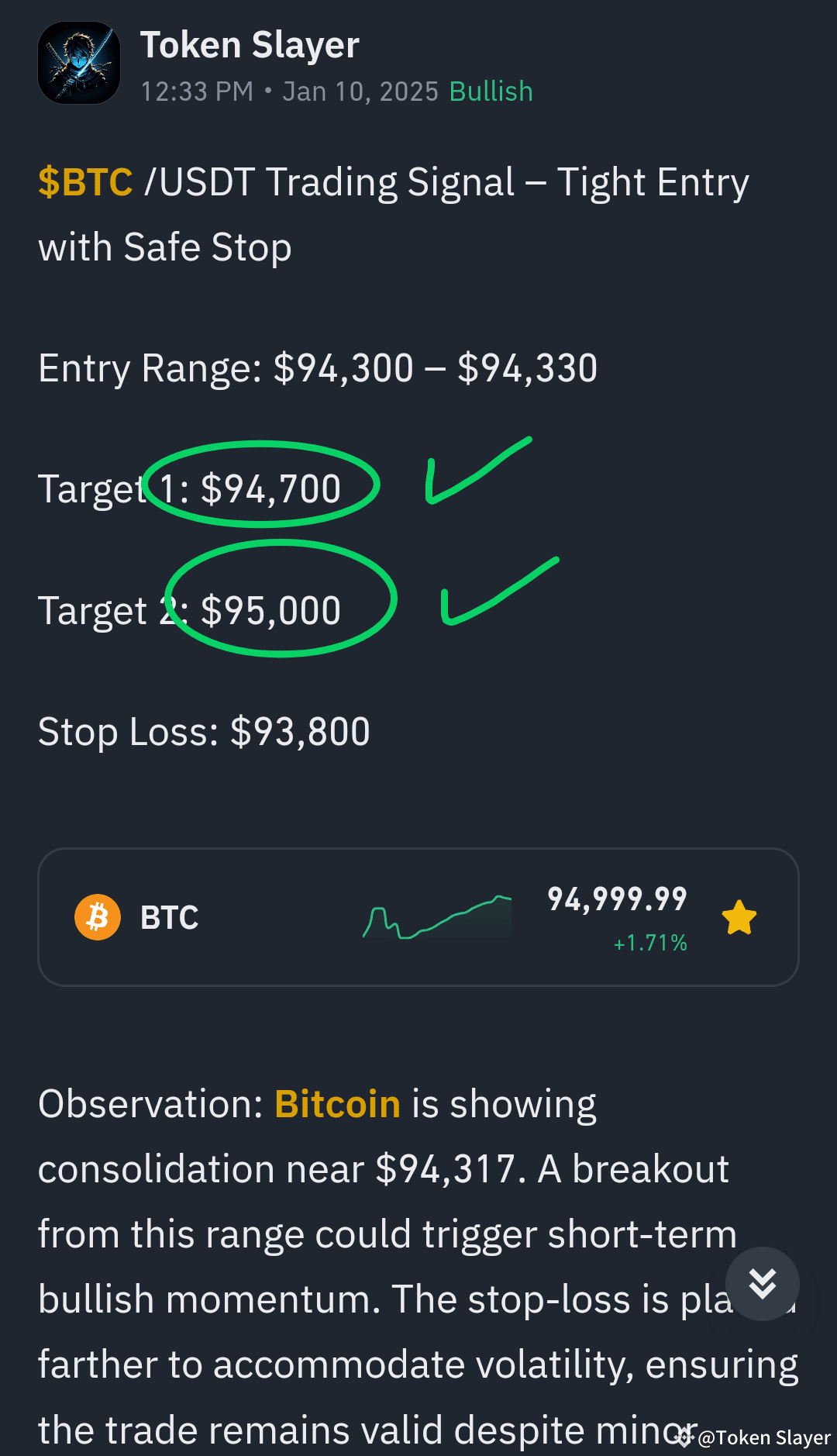 💵$BTC - Signal provided 5 hours before from now have hitte | Token Slayer on Binance Square