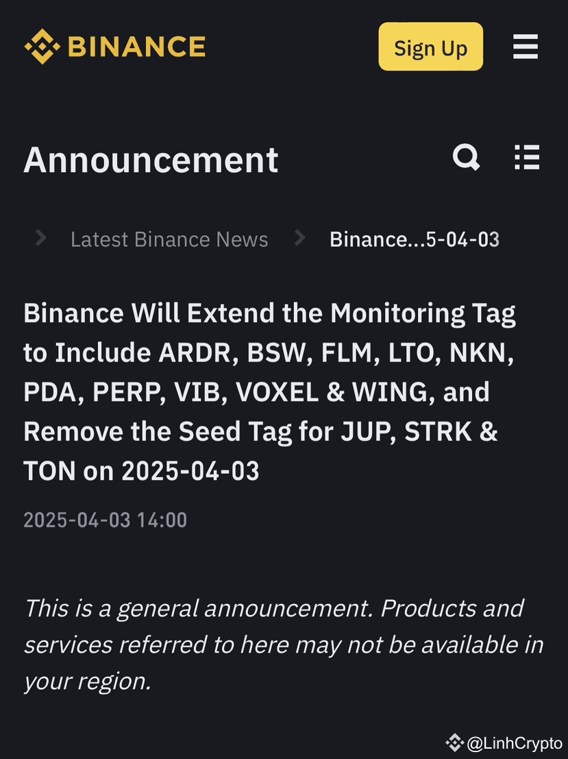 Binance xoá Seed tag cho $JUP $STRK $TON và thêm Monitoring | LinhCrypto trên Binance Square