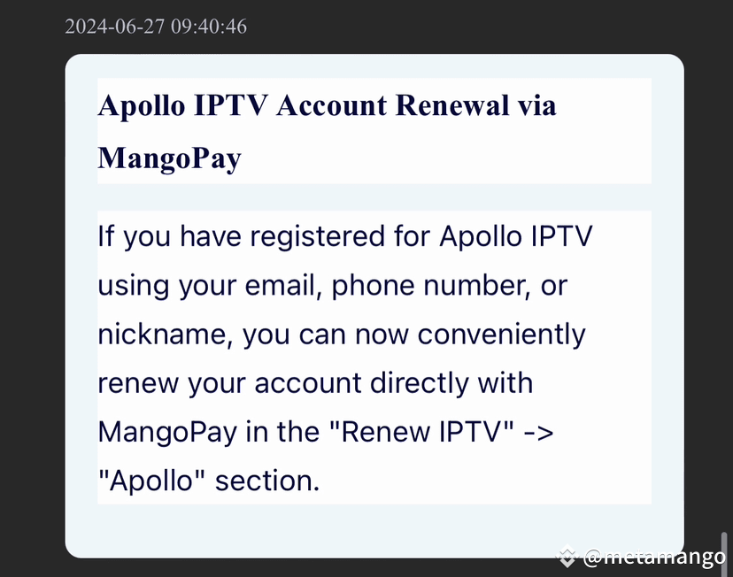 2024-06-27 09:40:46 Apollo IPTV Account Renewal via MangoPay ...