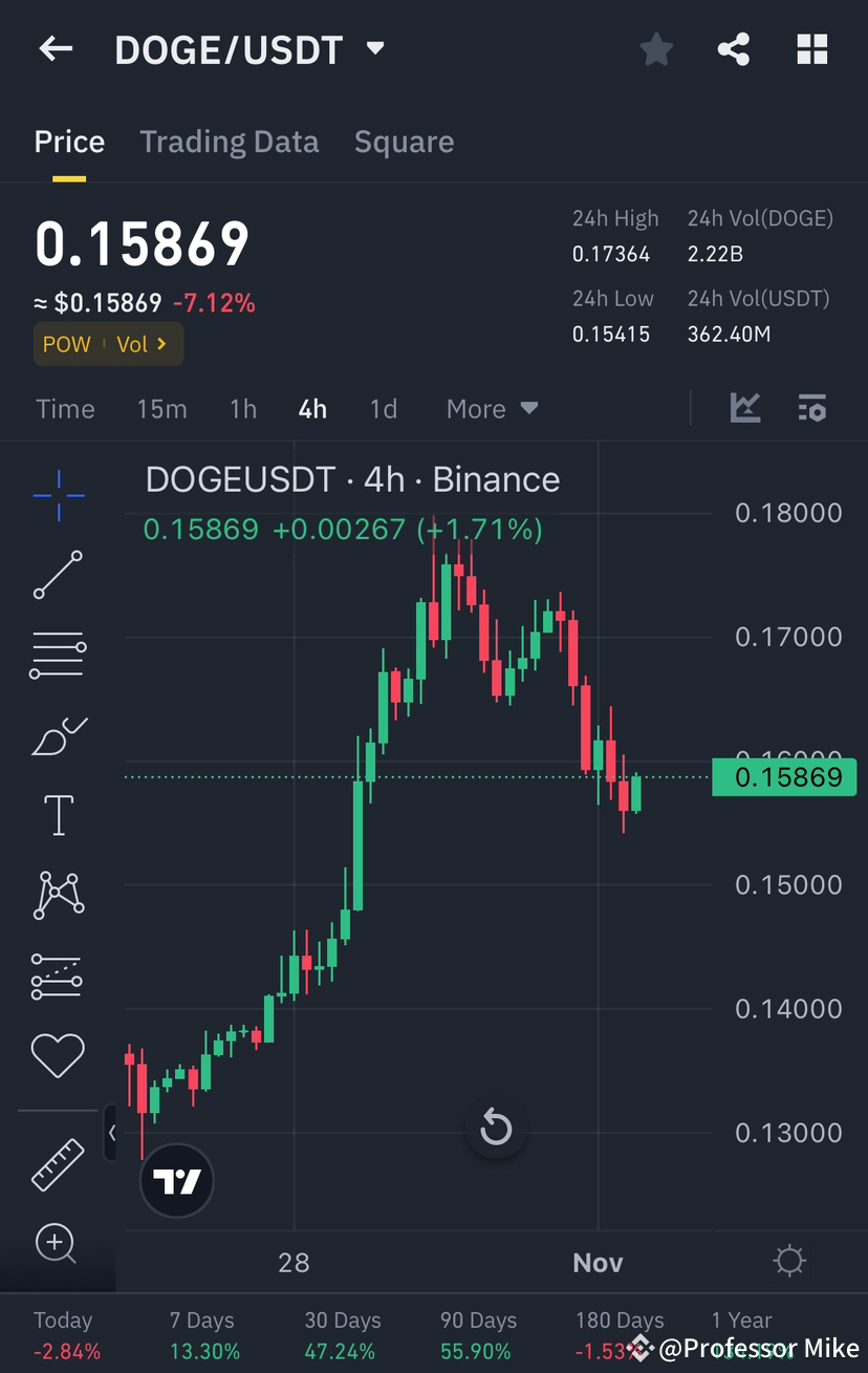 🚨 $DOGE /USDT ANALYSIS 🚨 $DOGE currently holds at 0.1586 | Professor Mike on Binance Square