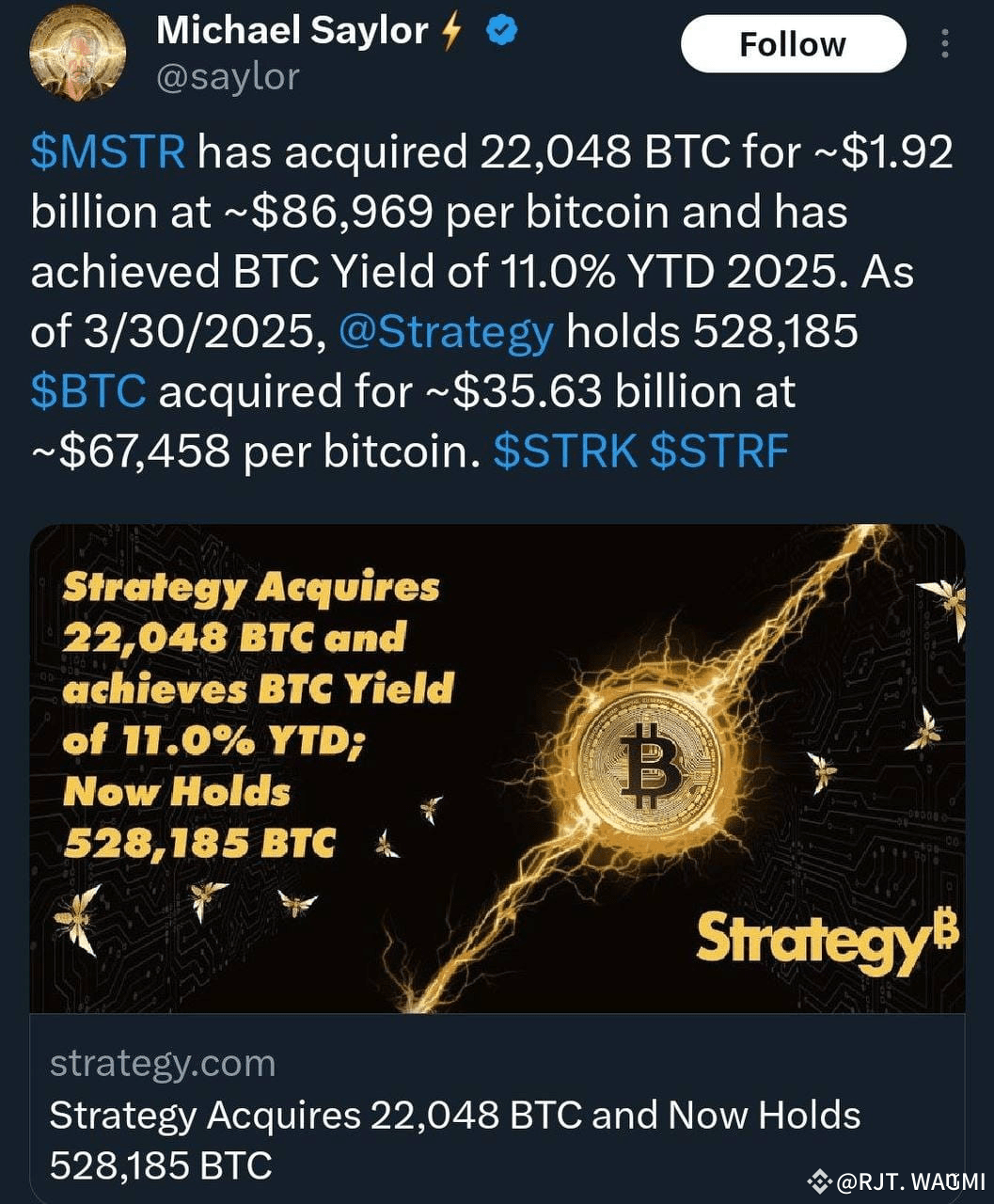 MicroStrategy has acquired an additional 22,048 BTC for appr | RJT_WAGMI on Binance Square