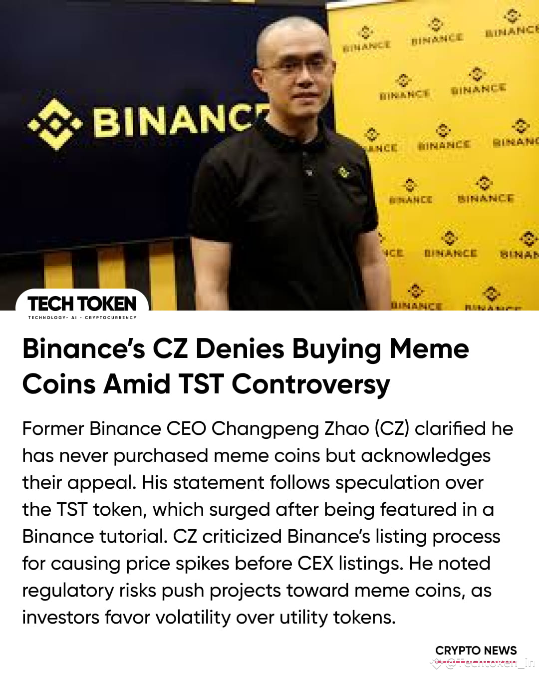 CZ denies meme coin purchases but admits their market appeal | Techtoken_in on Binance Square