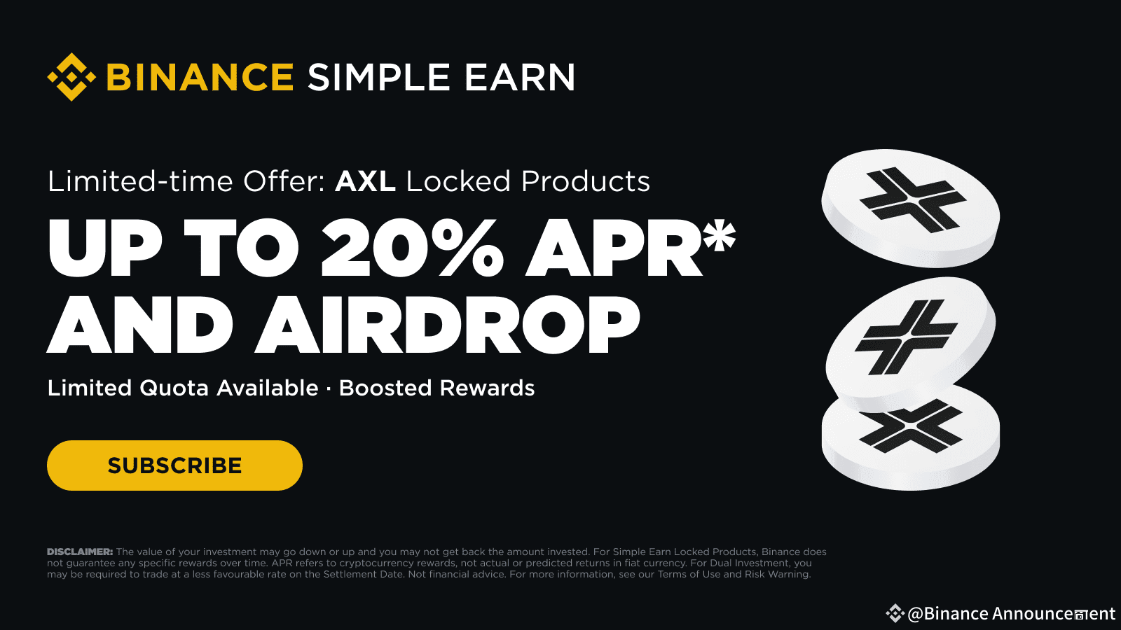 Binance Earn: register for AXL Blocked Products to enjoy up to 20% APR rewards and Airdrop ...