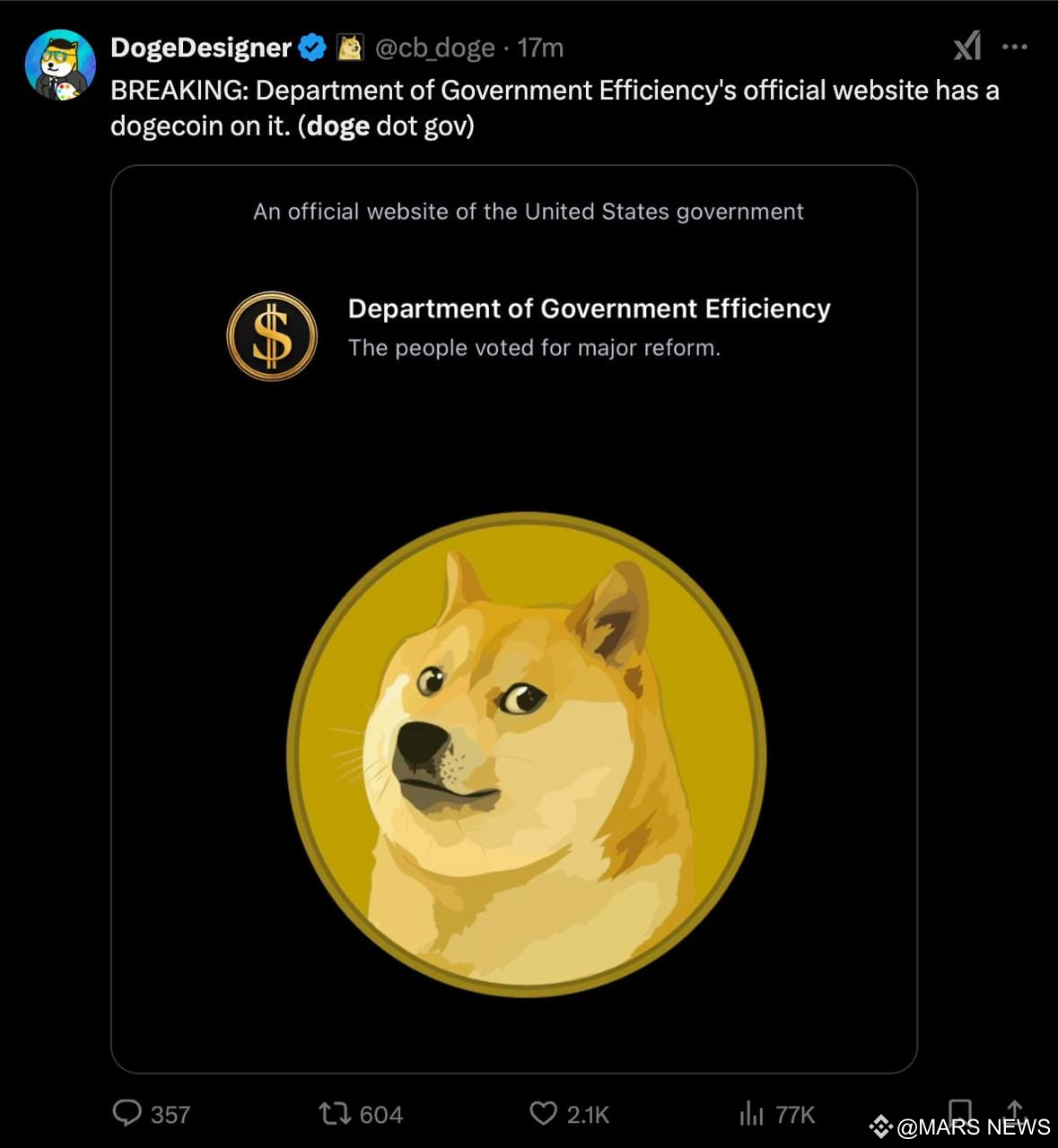 👑 Official DOGE website launched 🔥 +16% in the last hour! | MARS NEWS ...