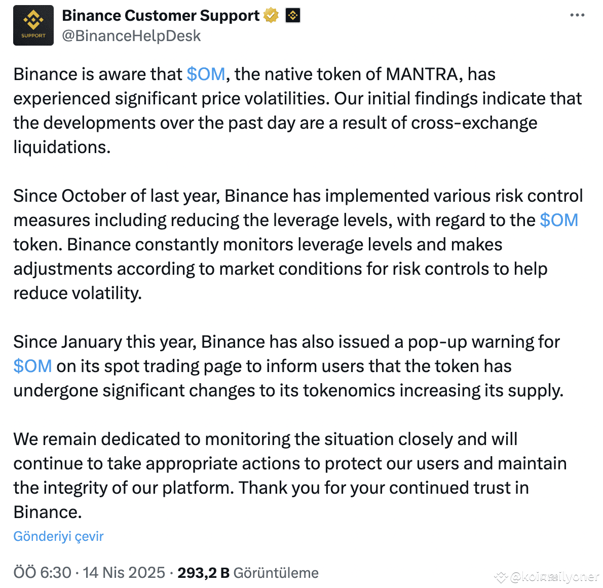 Binance’s Official Statement on OM Crash In an official pos | koinmilyoner on Binance Square