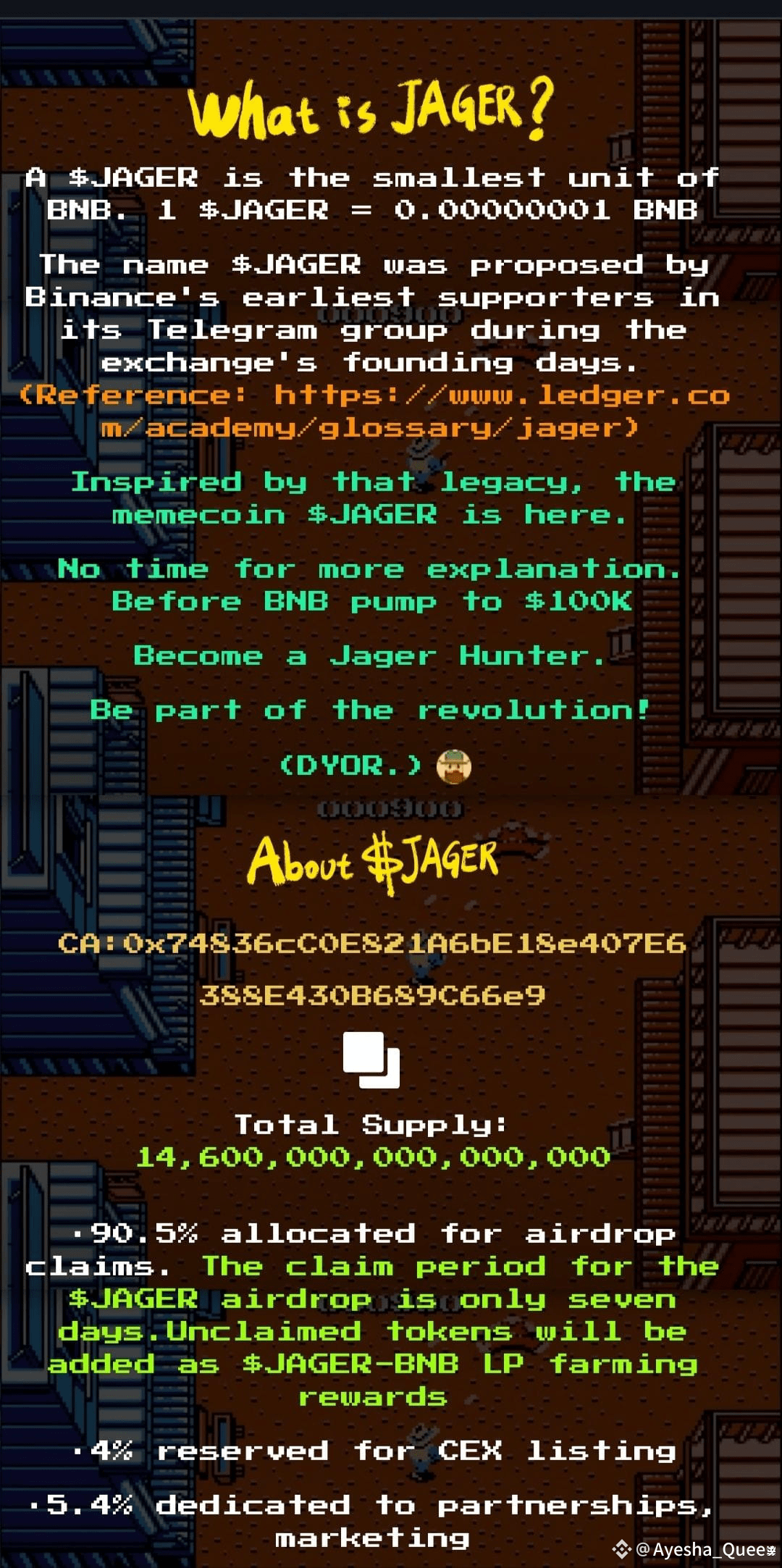 O que é $JAGER? $JAGER é a menor unidade de BNB, onde 1 $JA | Ayesha_Queen no Binance Square