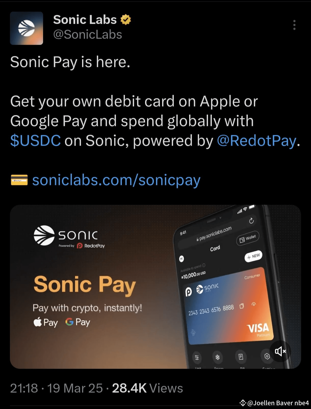 $S use Sonic Pay with apple or google. | Joellen Baver nbe4 on Binance ...