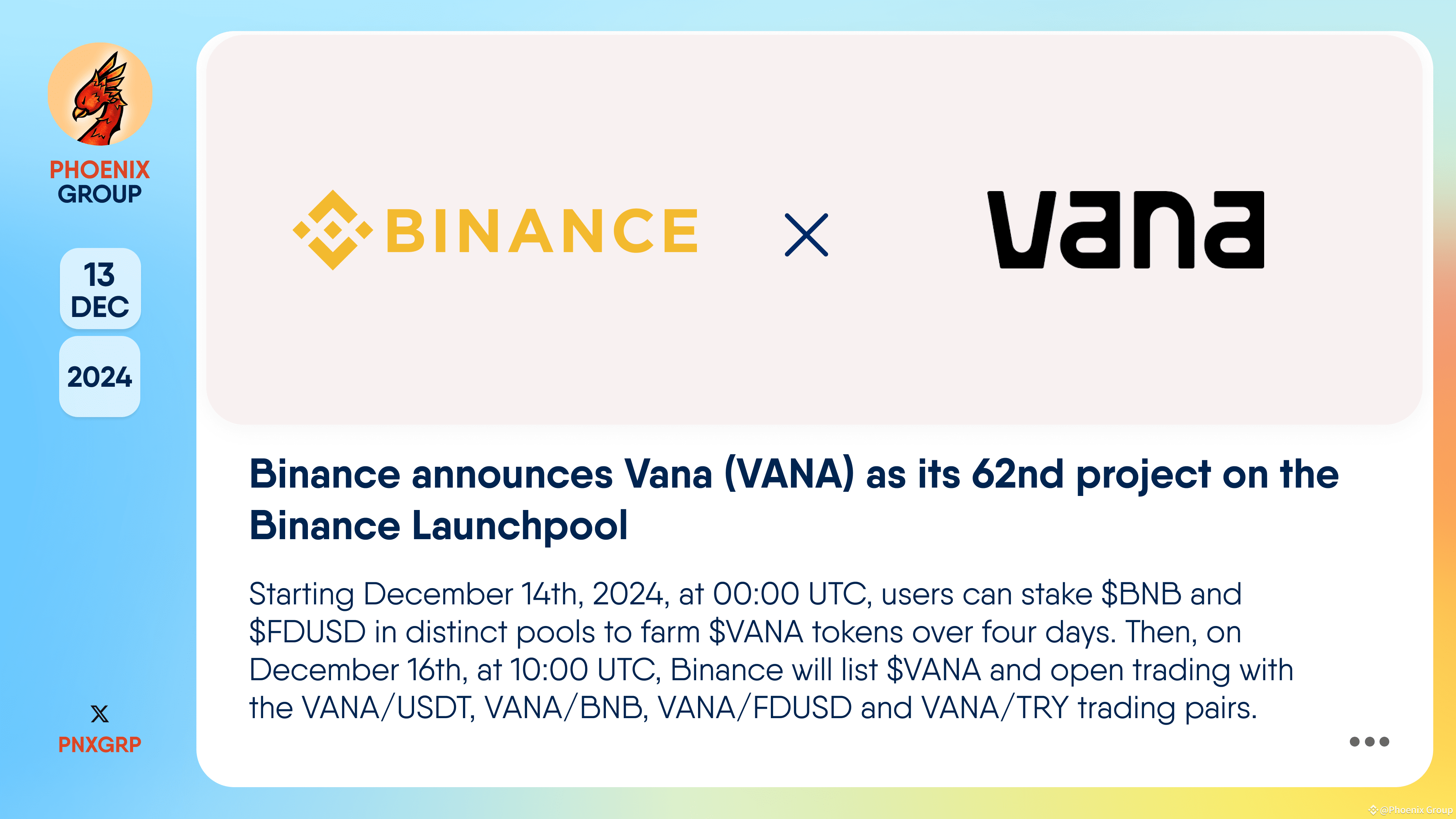 Binance announces Vana (VANA) as its 62nd project on the | Phoenix ...