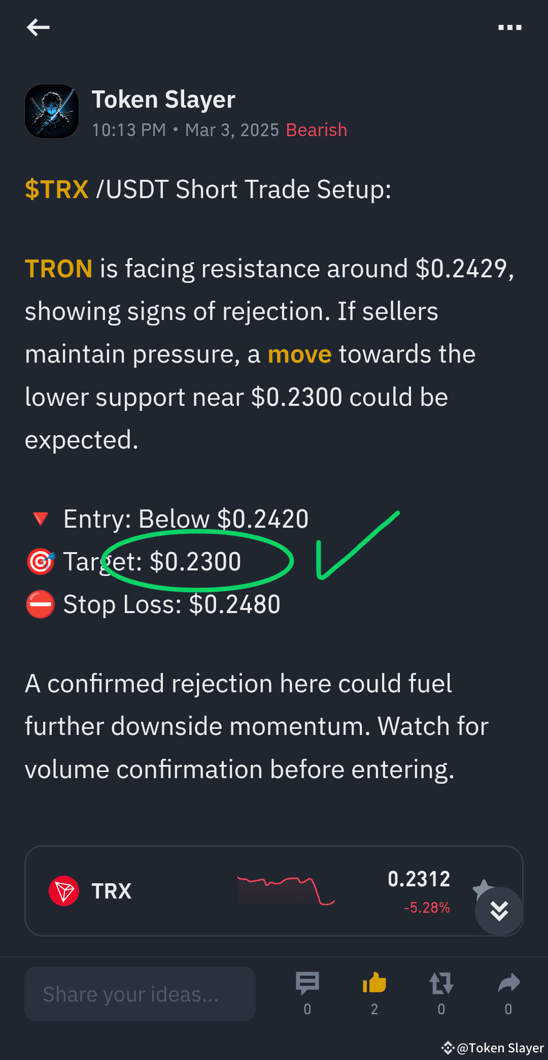 💵$TRX Short - Signal Provided few hours before from now ha | Token Slayer on Binance Square
