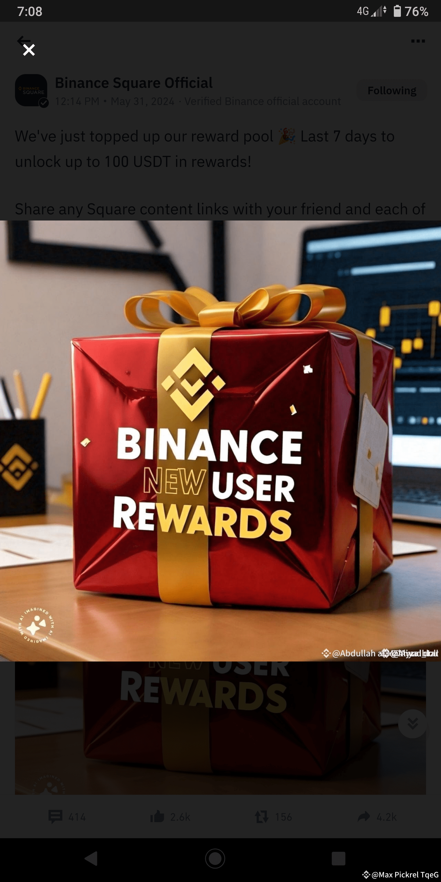 This appears to be a promotional message from Binance, a | Max Pickrel ...