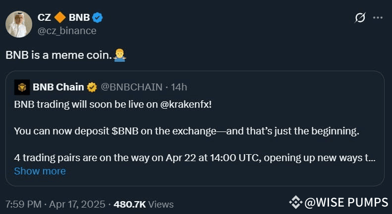 😂 CZ: “BNB is a memecoin now!” Kraken finally listed $BN | WISE PUMPS on Binance Square