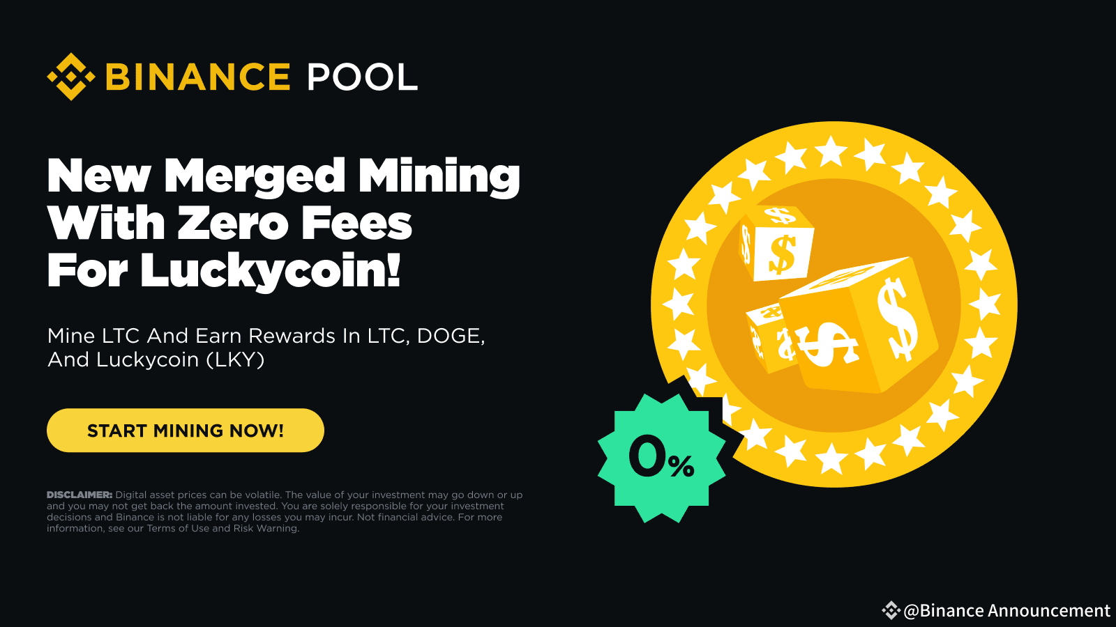 Binance Pool Supports Luckycoin (LKY) Merged Mining with Zero Fees | Binance Announcement on ...